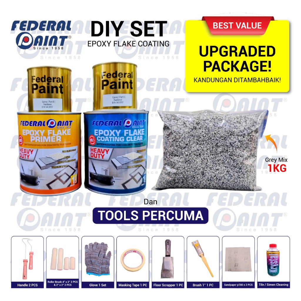 NEW! FEDERAL PAINT PREMIUM FULL SET FLAKE COATING GRED A KUALITI (1L ...