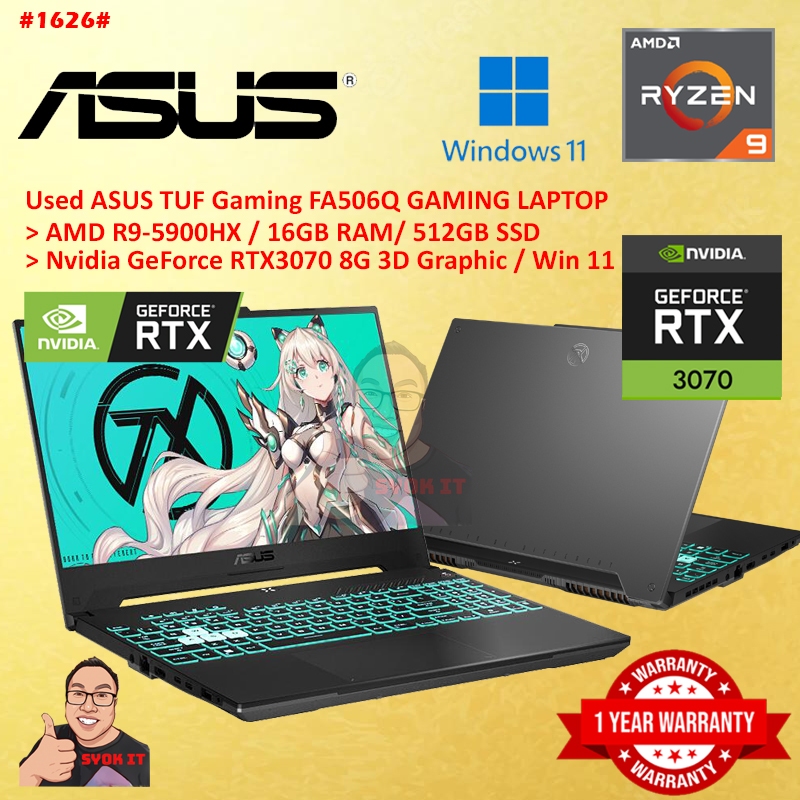 #1626 USED R9 ASUS TUF FA506QR AMD RYZEN 9-5900HX 16GB 512GB SSD NVIDIA RTX 3070 8G 15.6'' 2K ...