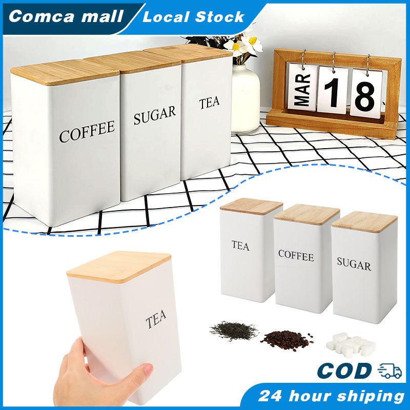 3pcs Tea Coffee Sugar Square Tin Box With Bamboo Lid / Metal Sealed ...