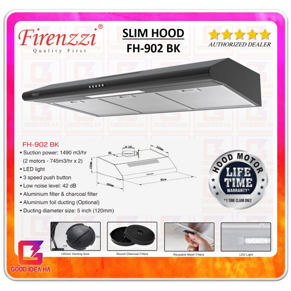 FIRENZZI DUAL MOTOR SLIM HOOD FH-902 BK COOKER HOOD 1490m³/hr | Shopee ...
