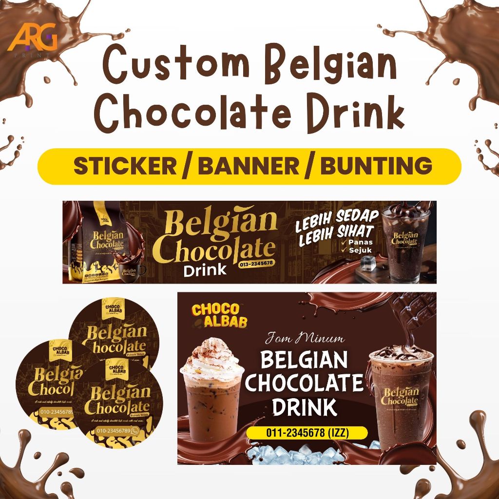 Sticker Banner Custom Belgian Chocolate Drink | Sticker Label Waterproof Produk Minuman Express ...