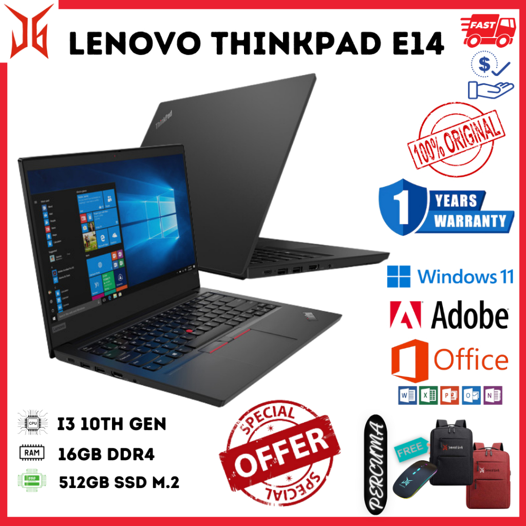 LENOVO THINKPAD E14 INTEL CORE i3 10TH GEN 14" FHD RAM 16GB 512GB WINDOW'S 11 PRO (1 YEAR ...
