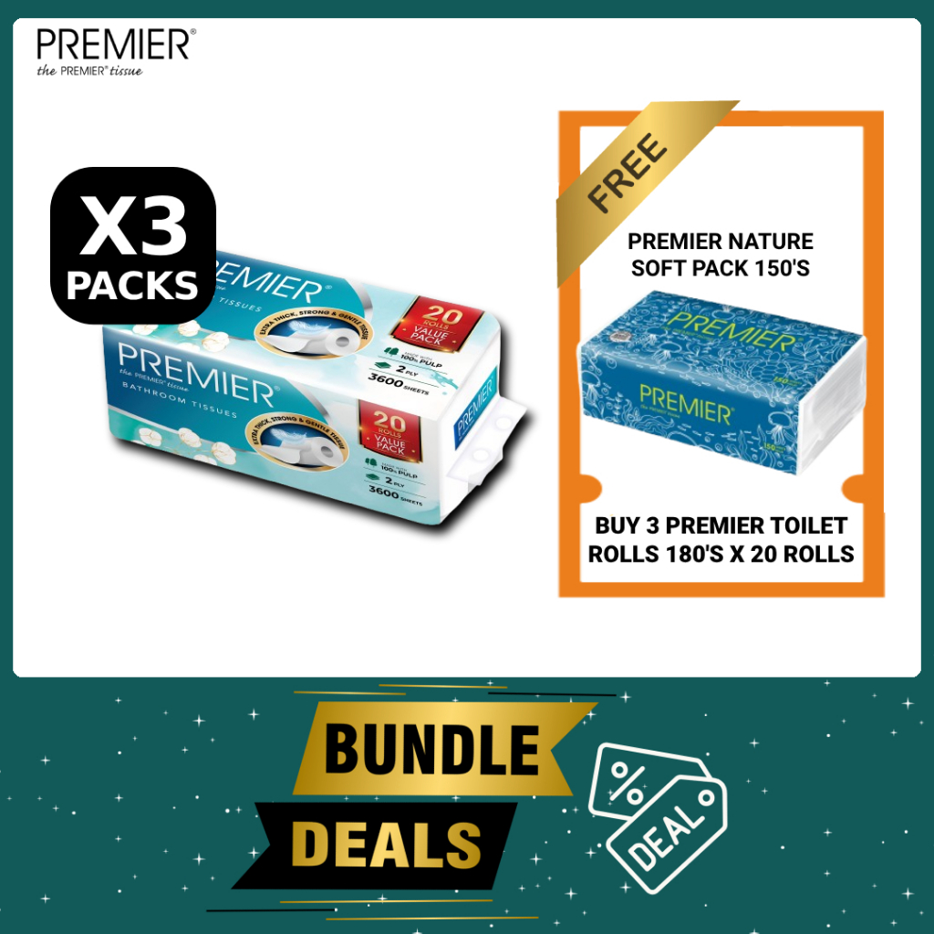 Premier Toilet Rolls 2 PLY (180's x 20) x 3 Packets - [FREE PREMIER ...