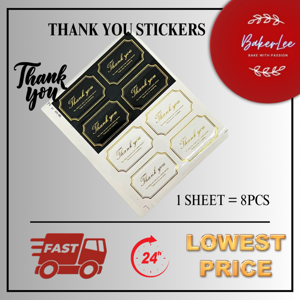 [1SHEET x 8PCS] THANK YOU WORDING LABELLING SEALING STICKER BLACK WHITE ...