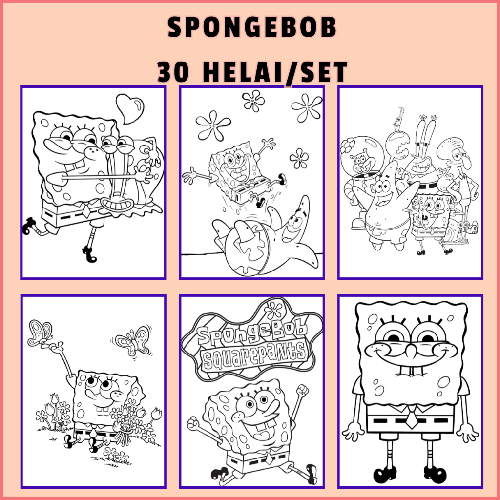 30 HELAI Kertas Mewarna Kanak Kanak Colouring Pages For Kids Spongebob ...