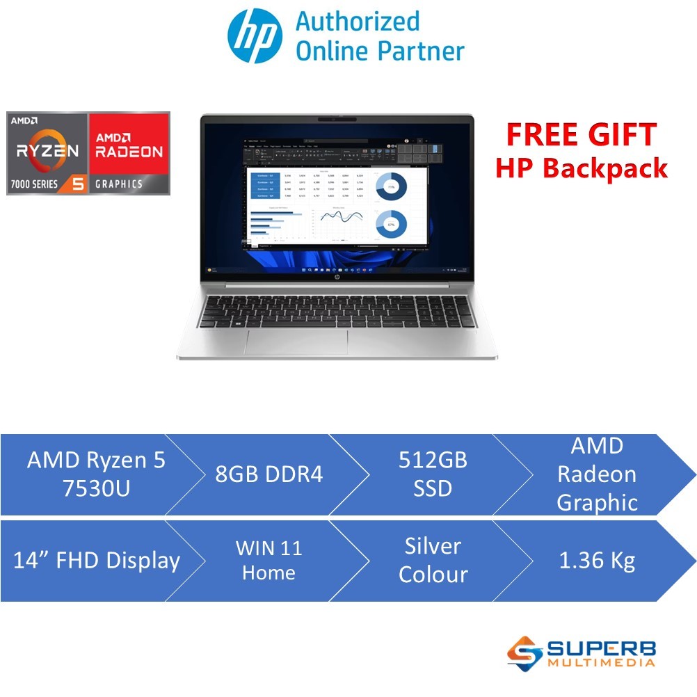 HP Laptop 245 14 inch G10 Notebook PC (B12U8PT) Silver (AMD R5 7530U ...