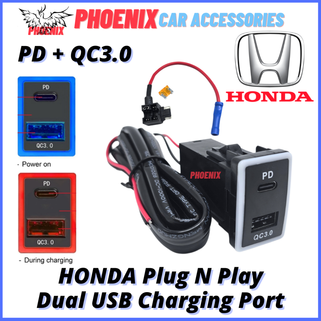 HONDA LED Plug N Play Dual USB PD TYPE-C QC3.0 Fast Charging Port ...