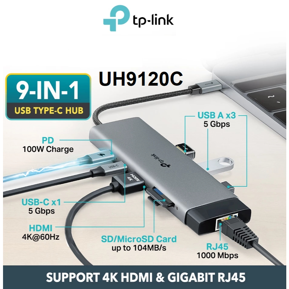 TP-Link UH9120C USB Type-C Hub 9 in 1 to 4K HDMI Ethernet PD Power Delivery USB C & USB 3.0 ...