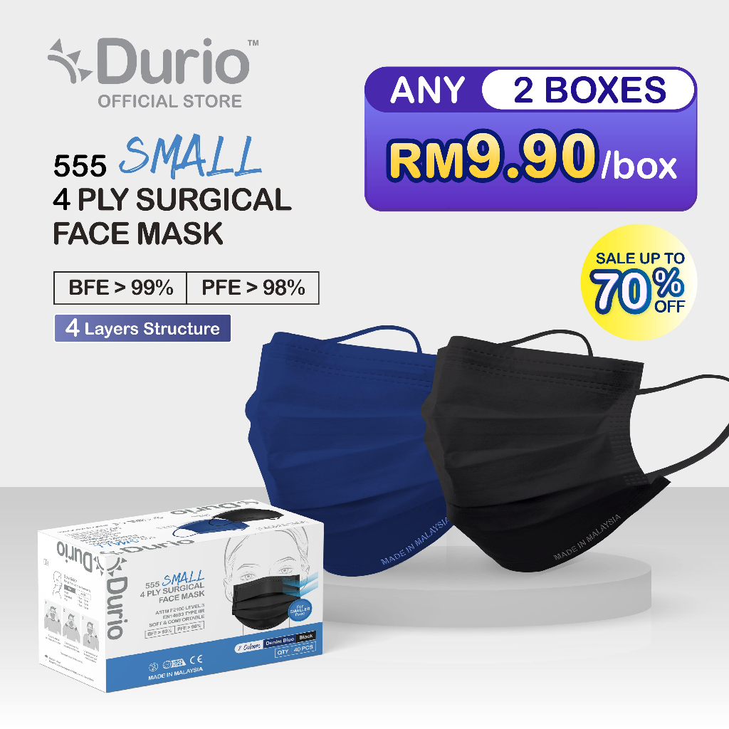 Durio 555 Small 4 Ply Surgical Face Mask (40 Pcs) | Shopee Malaysia