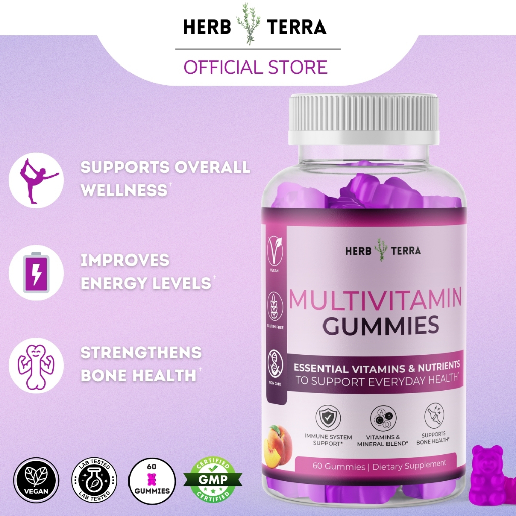 Herb Terra Multivitamins Gummy for Adults with Vitamins, Minerals & Superfruits, Peach Flavoured ...