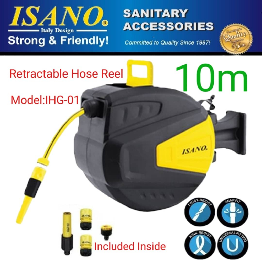 ISANO AUTO Retractable Water Hose Reel Pipe Garden 10m Wall Mounting ...