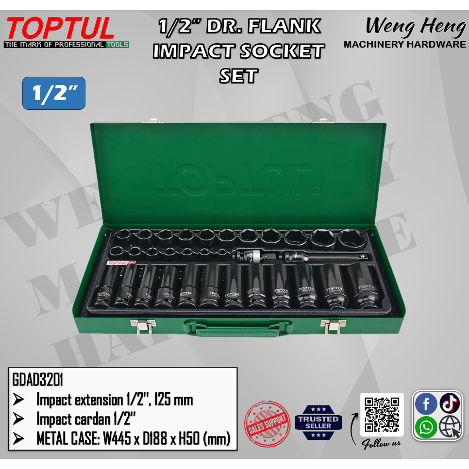 TOPTUL 32PCS 1/2" DR. Flank Impact Socket Set - GDAD3201 | Shopee Malaysia