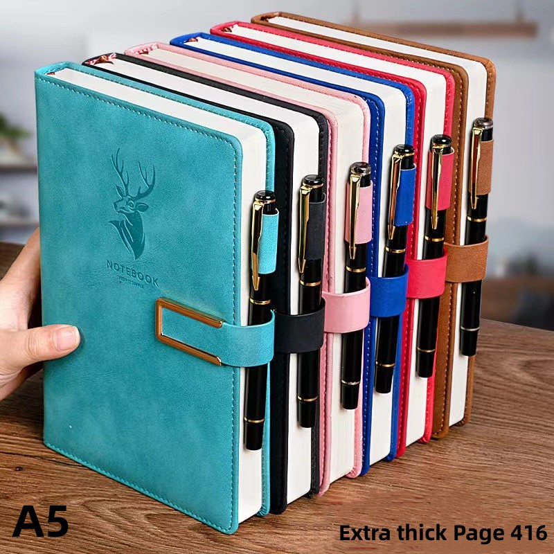 A5 Leather notebook with pen 416 Pages paper notepad big Thick cute ...