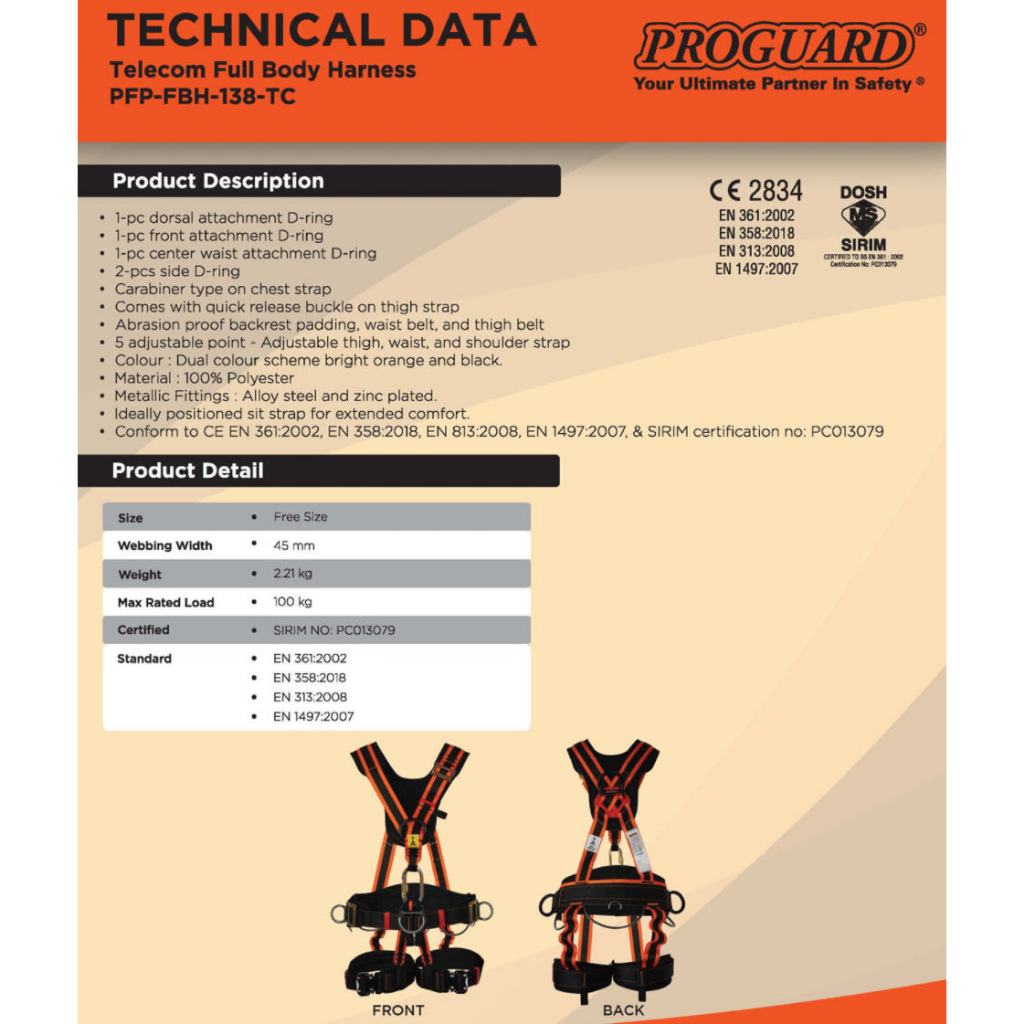 Proguard Telecom Full Body Harness PFP-FBH-138-TC (DOSH SIRIM APPROVED ...