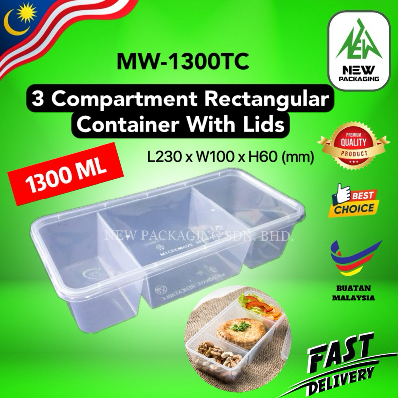 MW-1300TC 3 Compartment Rectangular Container with Lids [10/50 Sets ...