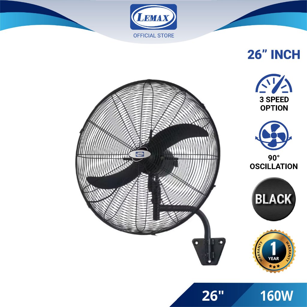 LEMAX 26" Inch Industrial Wall Fan (Black / Metal Grey) Kipas Dinding ...