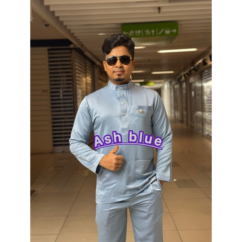 Tema 2025 ASH Blue Baju Melayu Slimfit Dewasa & Budak Kain Pearl Skin ...