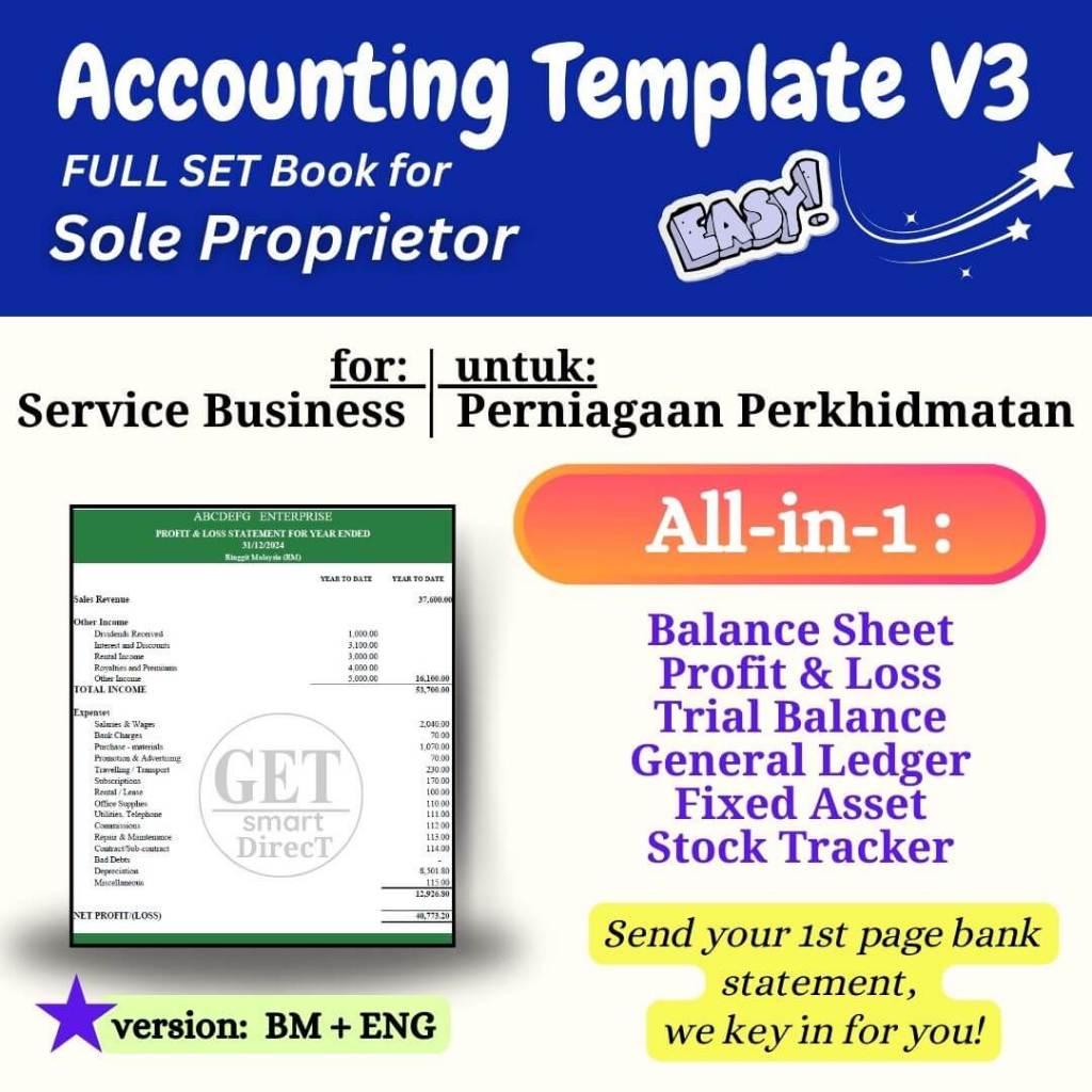 All-In-1 Accounting Template, Sole Proprietor – Service Business (Perniagaan Tunggal ...