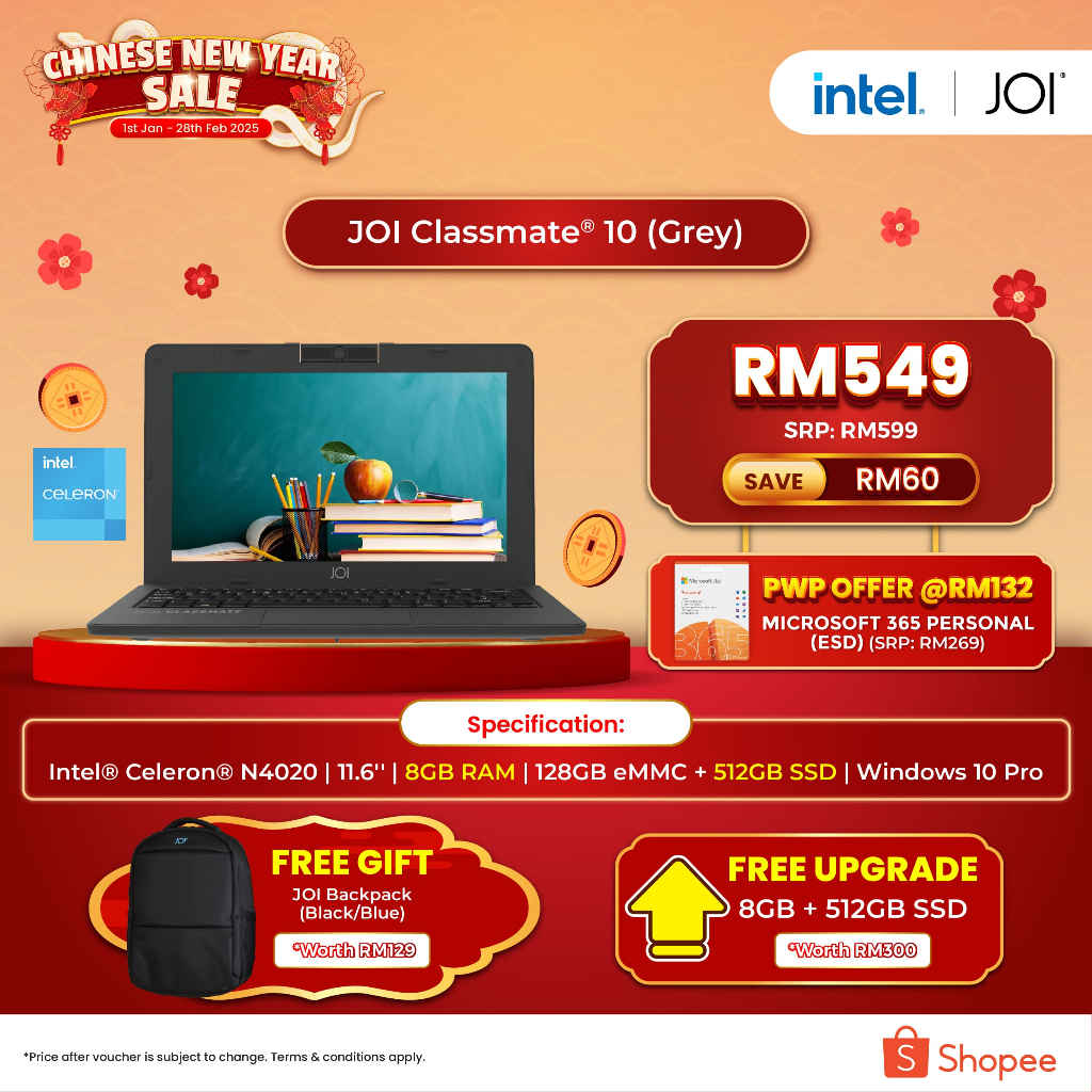 [FREE UPGRADE] JOI Classmate 10(Celeron N4020,4GB,128GB eMMC,Intel UHD Graphics 600,11.6”HD,W10 ...