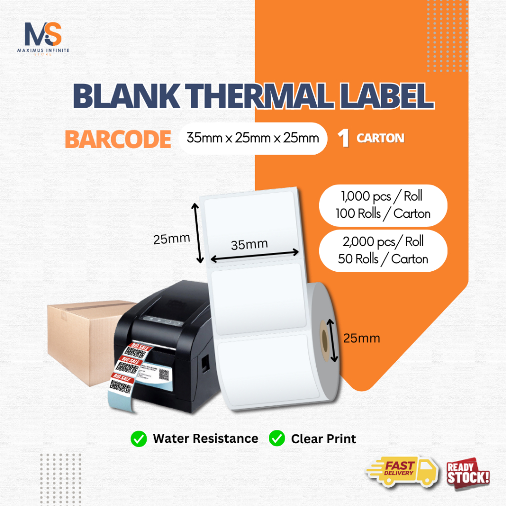 Barcode Thermal Label Sticker / 35mm x 25mm x 25mm / Carton / CSO (High ...