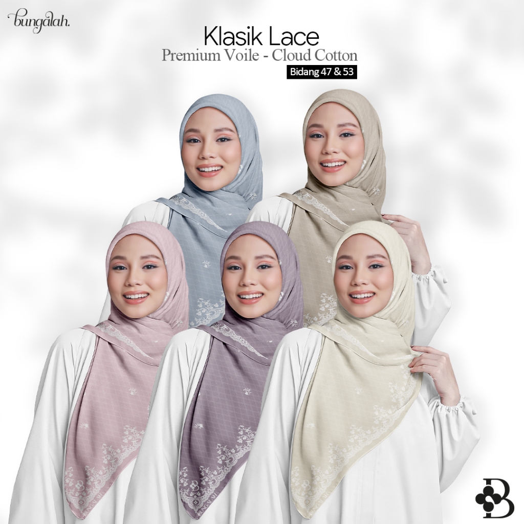 BUNGALAH Tudung Bawal Printed Premium Voile Cloud Cotton - Klasik Lace ...