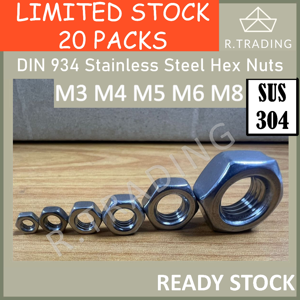LIMITED STOCK – 20 PACKS [M3 M4 M5 M6 M8 M12] 100PCS DIN 934 Hex Nuts Stainless Steel 304 – DIY ...