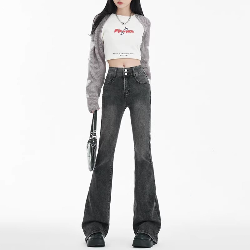 Grey Double Button Jeans Women New High Waist Slim Flared Hot Girl Hip ...