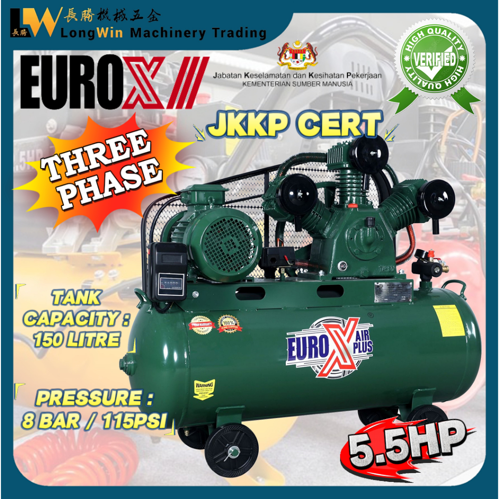 EUROX/// AIR PLUS EAG-5-15080BT 3-Phase Heavy Duty Belt Air Compressor 5.5HP 150Litre 8 Bar c/w ...