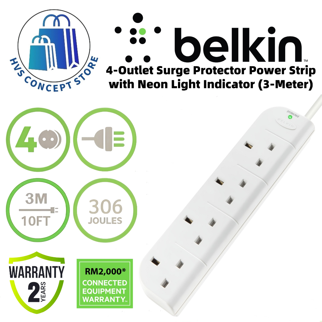 BELKIN 4-OUTLET SURGE PROTECTOR POWER STRIP WITH NEON LIGHT INDICATOR ...