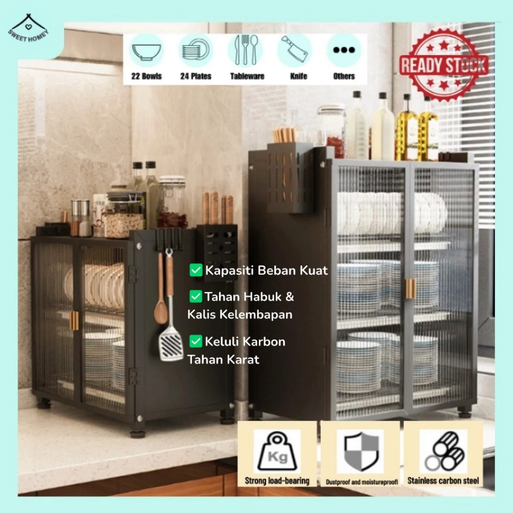 3/4 Tiers Rak Dapur Kabinet Dustproof Dish Rack Kitchen Dish Storage ...