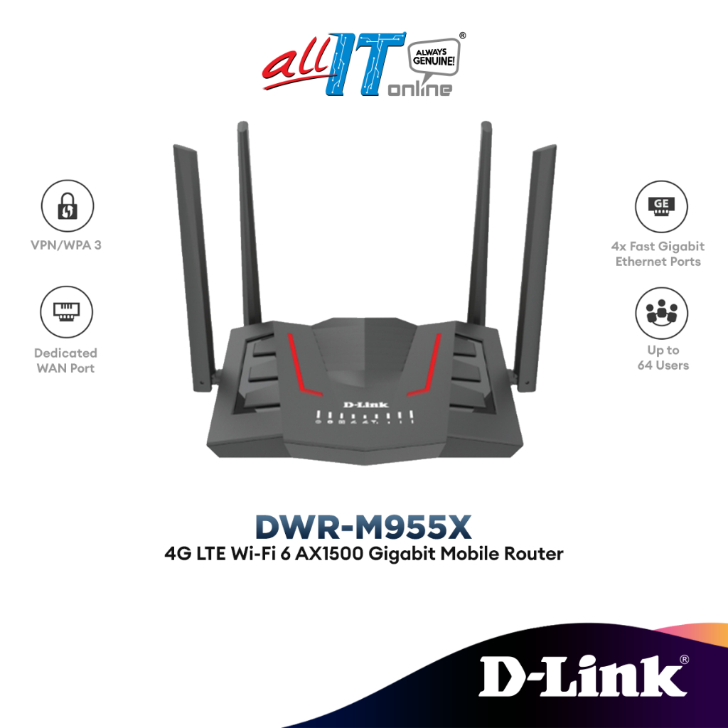 D-Link DWR-M955X Wireless 4G Cat4 LTE WiFi 6 AX1500 Gigabit Mobile ...