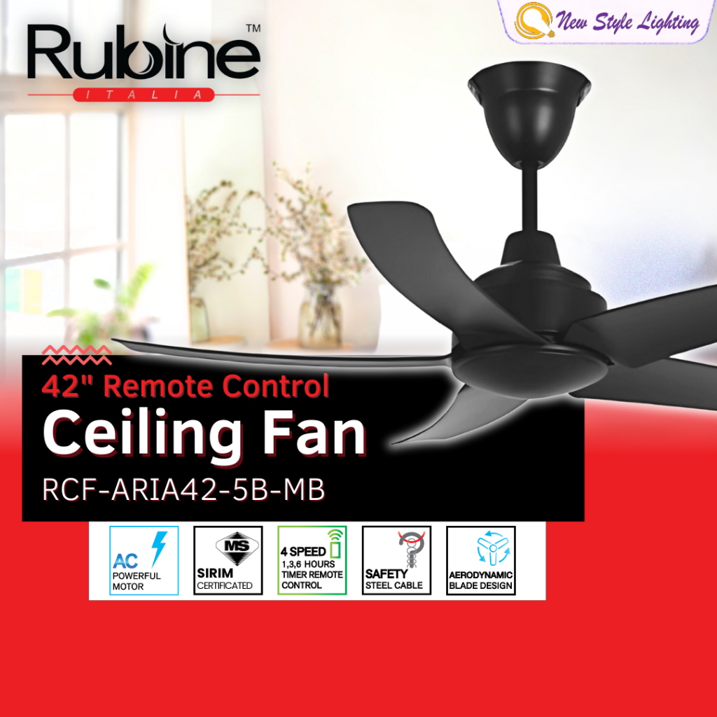Rubine RCF-ARIA42-5B-MB Powerful AC Quiet Motor SIRIM 42" 42 Inch Baby Ceiling Fan Matte Black ...