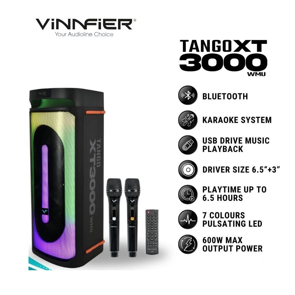 Vinnfier TANGO XT3000 WMU 600W Bluetooth Portable HI-FI Loud Speaker Party Box Karaoke Speaker ...