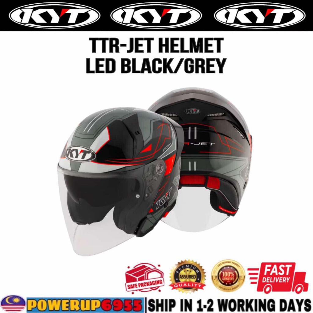 KYT TTR JET SERIES OPEN FACE HELMET LED BLACK GREY DOUBLE VISOR X001 ...