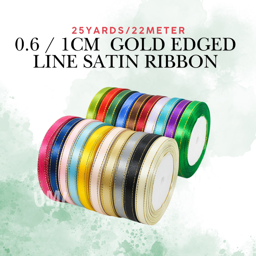 🇲🇾 🏆 25yrd/Roll 0.6cm 1cm Gold Edged Line Satin Ribbon Hadiah Wrapping ...
