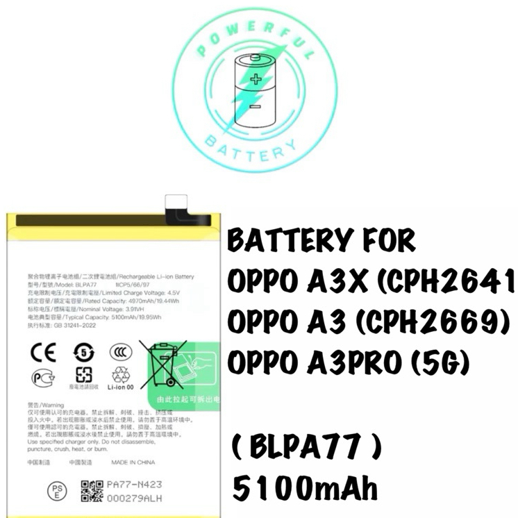 BATTERY FOR ORI OPPOA3 2024 CPH2669) A3X CPH2641 (A3PRO 5G)CPH2639 ...