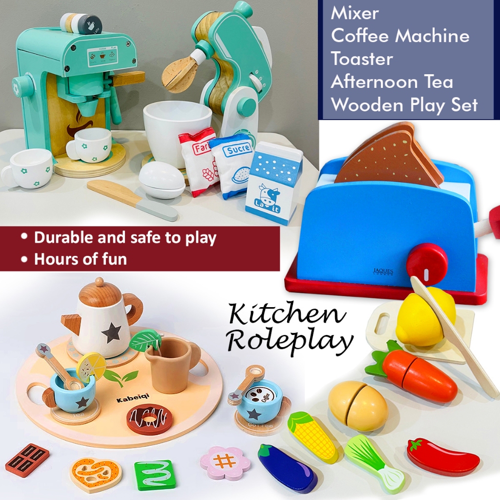 Wooden Kitchen Role Play Toys Food Play Set Mixer Coffee Machine ...