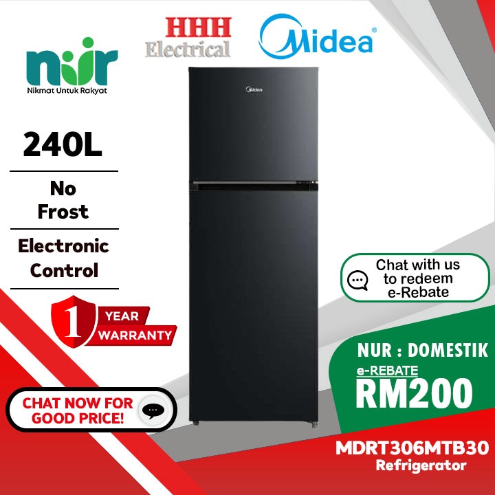 Midea 240L 2-Door Refrigerator MDRT306MTB30 Peti Sejuk with Electronic Control No Frost Big Ice ...