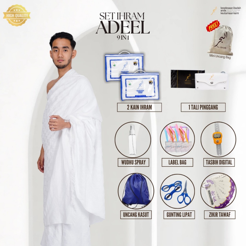 AL-BAHR SET IHRAM ADEEL 9 in 1 - 2 SET KAIN IHRAM + 1 TALI PINGGANG + AKSESORI HAJIUMRAH albahr ...