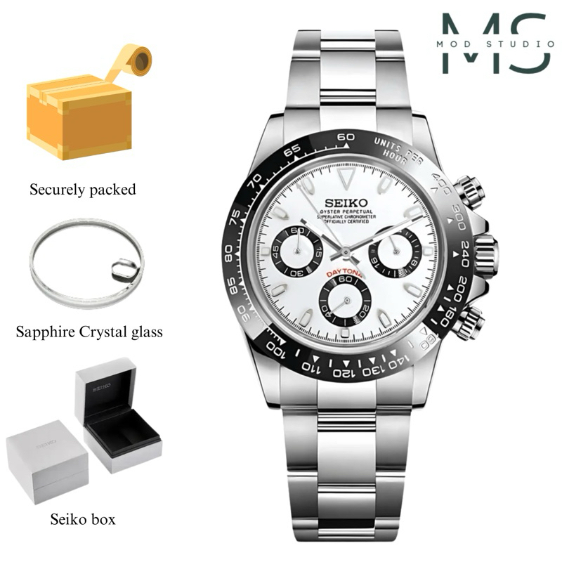 SEIKOLEX SEIKO MOD VK63 PANDA STAINLESS STEEL WHITE DIAL MODIFY WATCH MODIFIED WATCH MODDED ...
