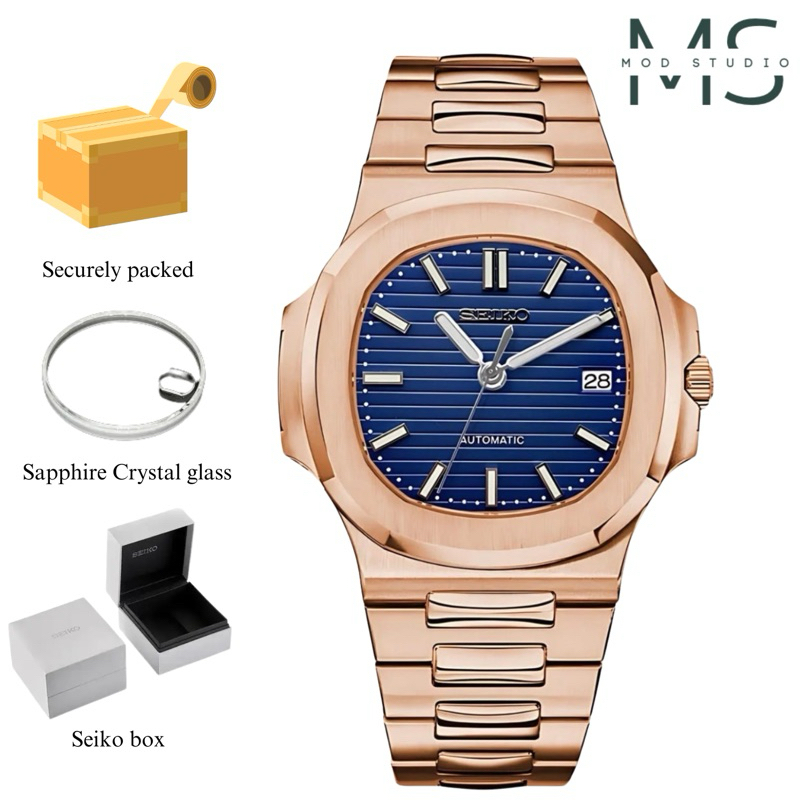 SEIKOLEX SEIKO MOD NH35 ROSE GOLD STAINLESS STEEL NAVY BLUE DIAL NAUTILUS MECHANICAL WATCH ...