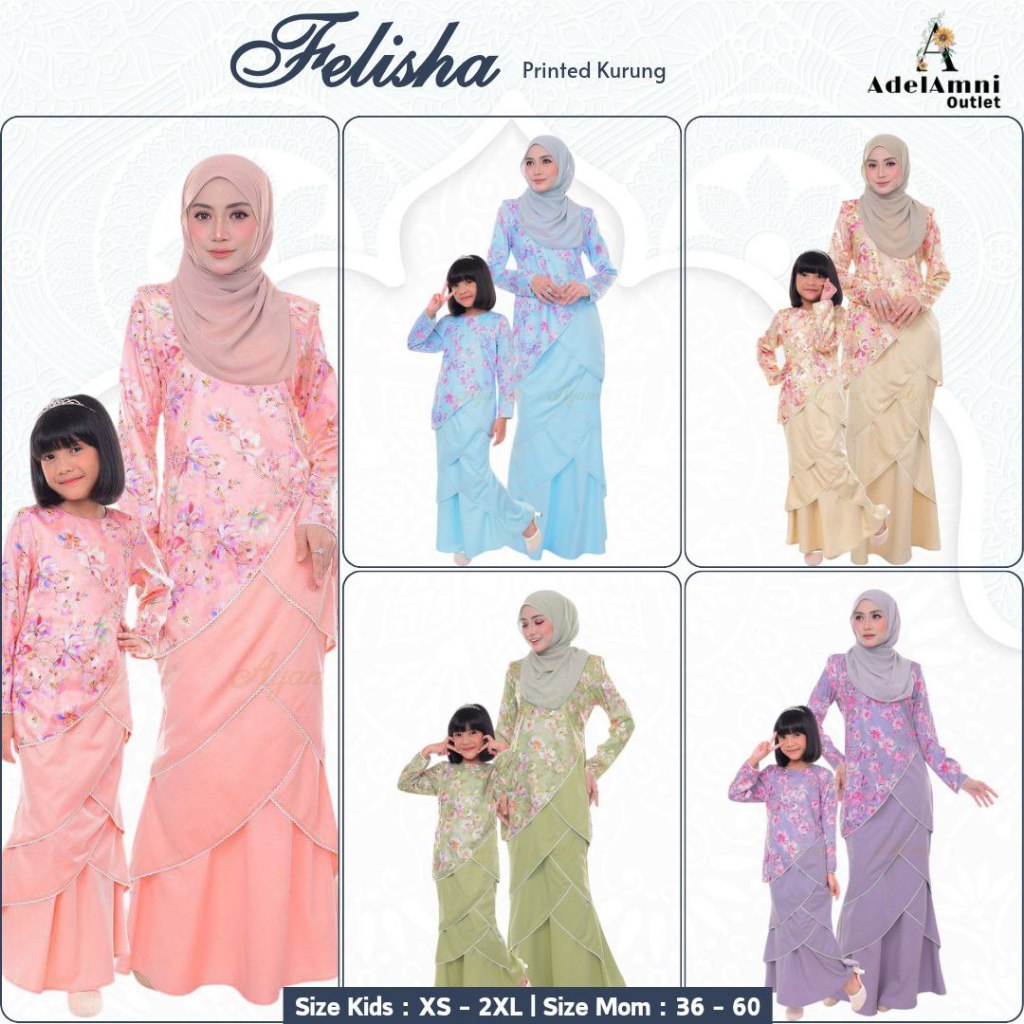 Baju Kurung Raya Printed Felisha Sedondon - Nude/Peach/Baby Blue/Lilac ...