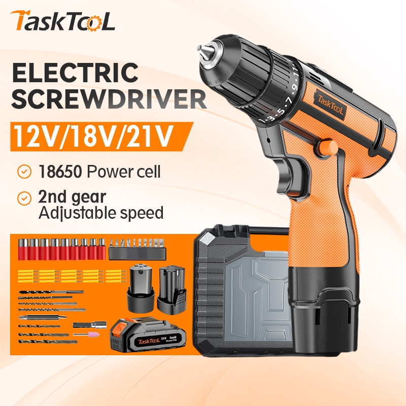 TASKTOOL 3-IN1 21V/18V/12V Cordless Electric Drill 5 Lithium Battery ...
