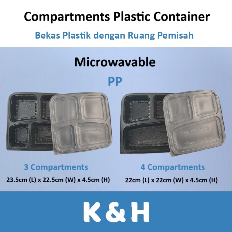Bekas (50pcs per pkt) Plastic Container with 3 & 4 Compartments ...