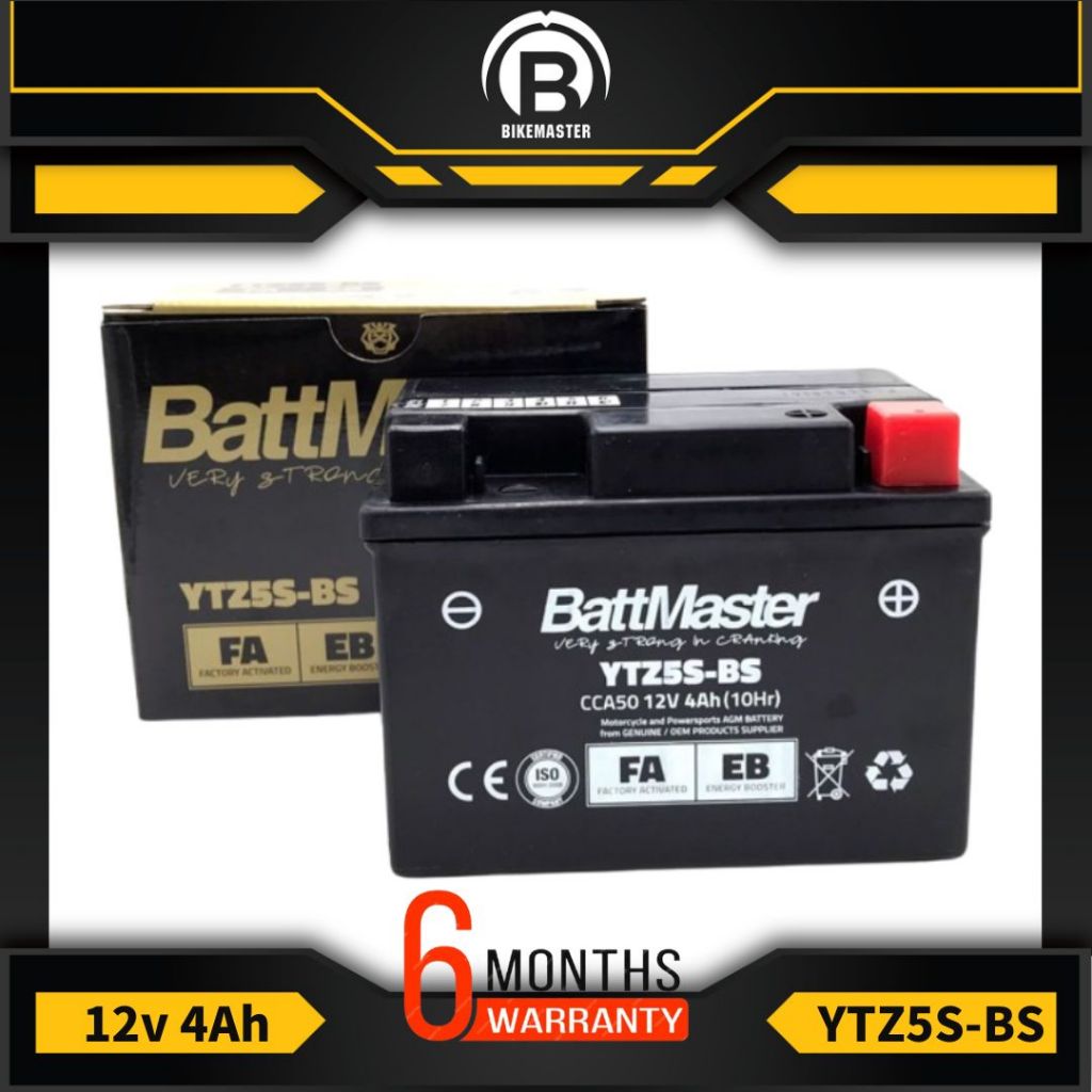 BATTMASTER 12V 4AH CCA50 Motorcycle Battery YTZ5S-BS (6 Months Warranty ...
