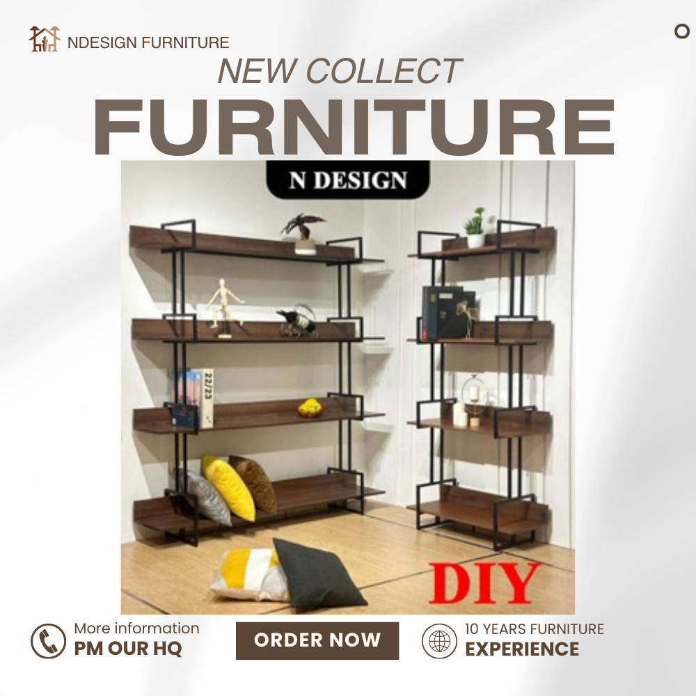 [N Design] 4-Tier Bookshelf / Metal & Wooden 4 Layer Display Rack ...