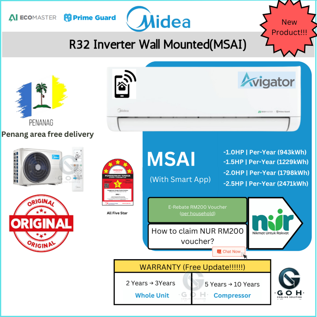 Midea R32 Inverter Air Conditioner MSAI-All 5 Star(MSAI-CRFN8) MSCE 4/5-Star(MSCE-CRFN8)(Penang ...