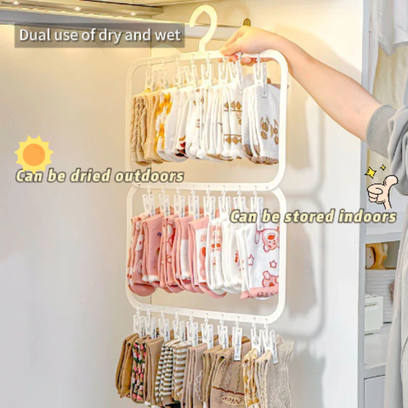 Baby Kids Clothes Hanger 3 Tier 26 Clips Drying Rack Wardrobe Socks ...