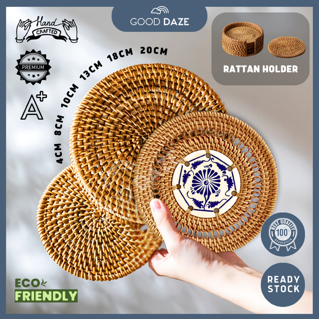 GOOD DAZE Handmade Rattan Mat Cup Coaster Set Placemat Wood Coaster ...