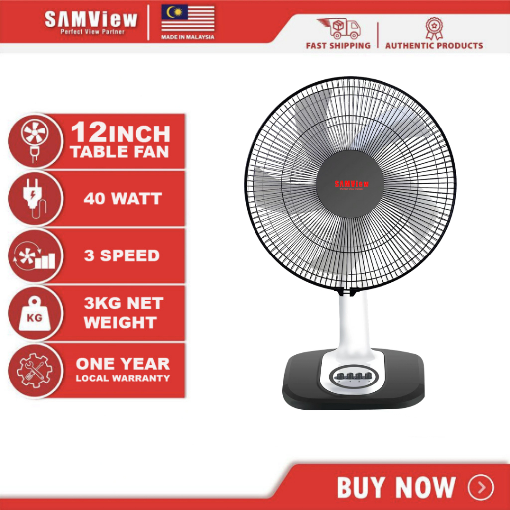 SAMView Table Fan Black 3 Speed 5 Blade Strong Wind (12") Kipas Meja | Shopee Malaysia